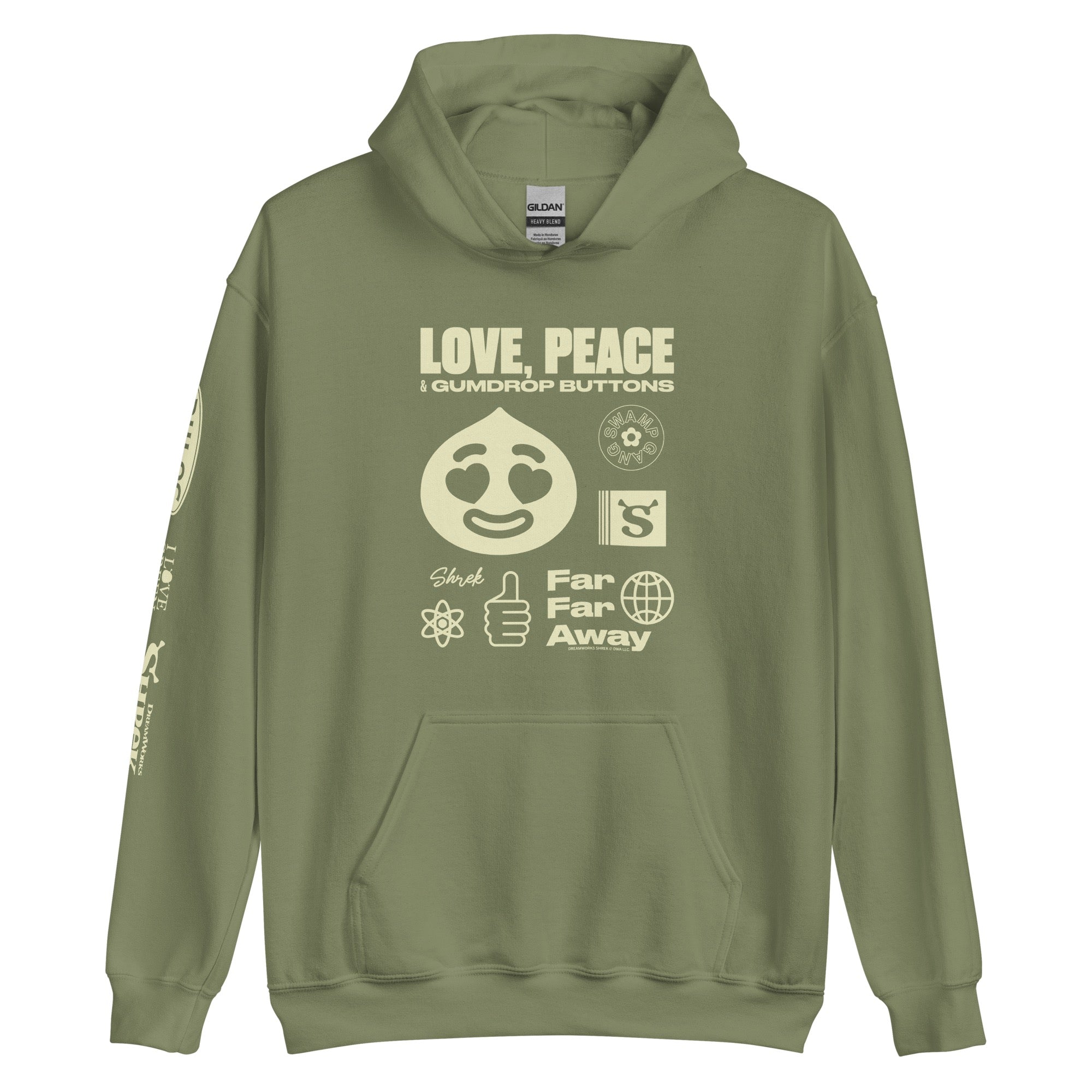 Shrek Love, Peace & Gumdrop Buttons Hoodie | Cozy Ogre Style – Fandango ...